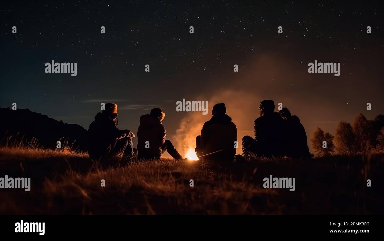 The group of young people are sitting around the bonfire and talking ...