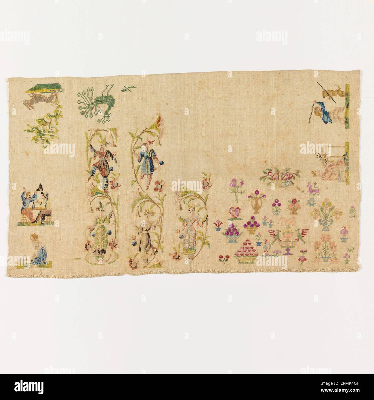 Sampler; silk embroidery, linen foundation; Warp x Weft: 30 x 52 cm (11 ...