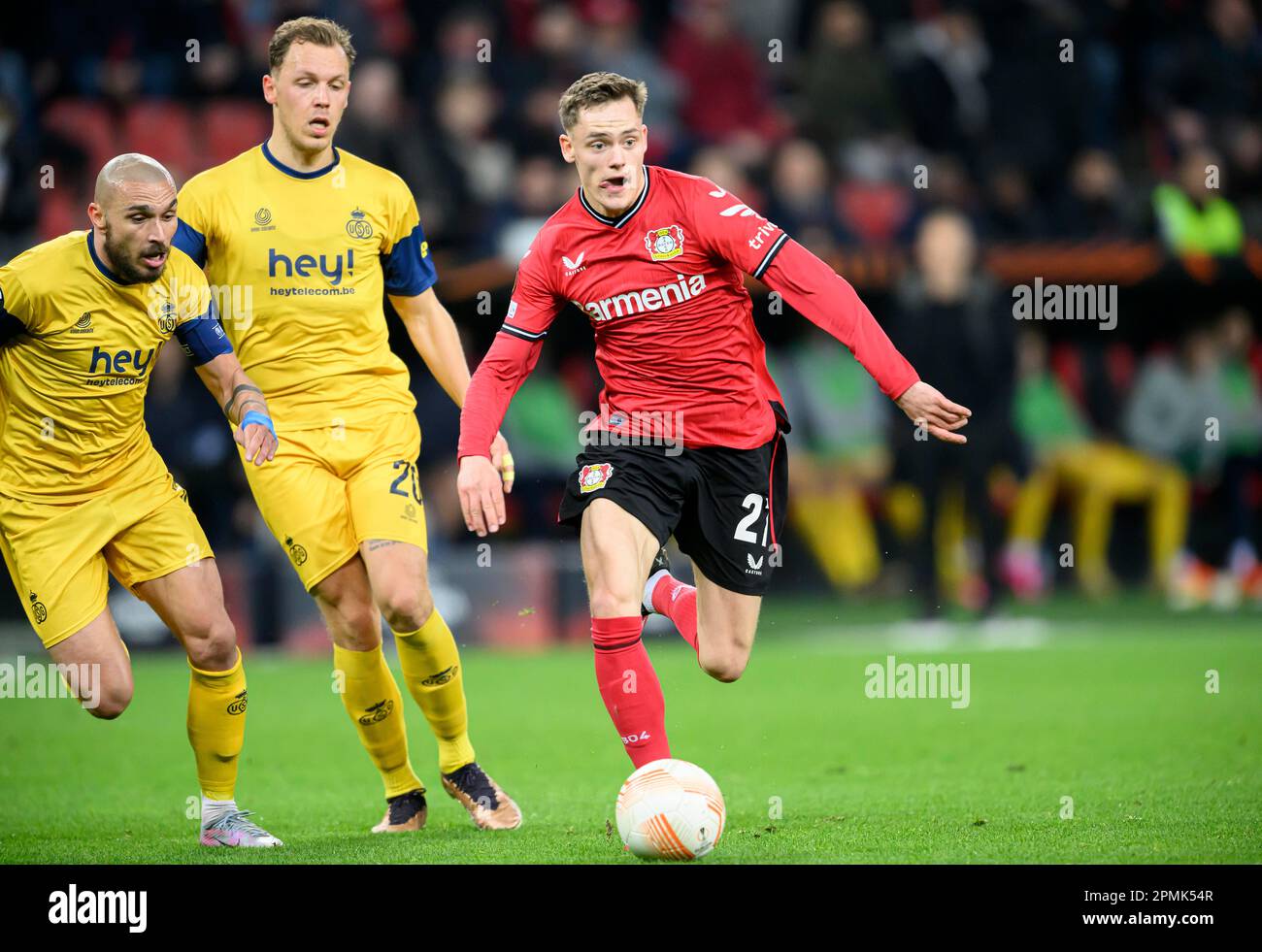 left to right Teddy Teuma, Senne Lynen (USG), Florian WIRTZ (LEV) duels ...