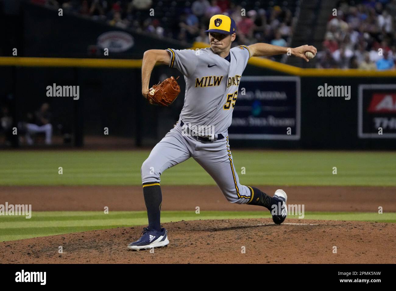 Milwaukee Brewers relief pitcher Hoby Milner (55) in the first inning ...