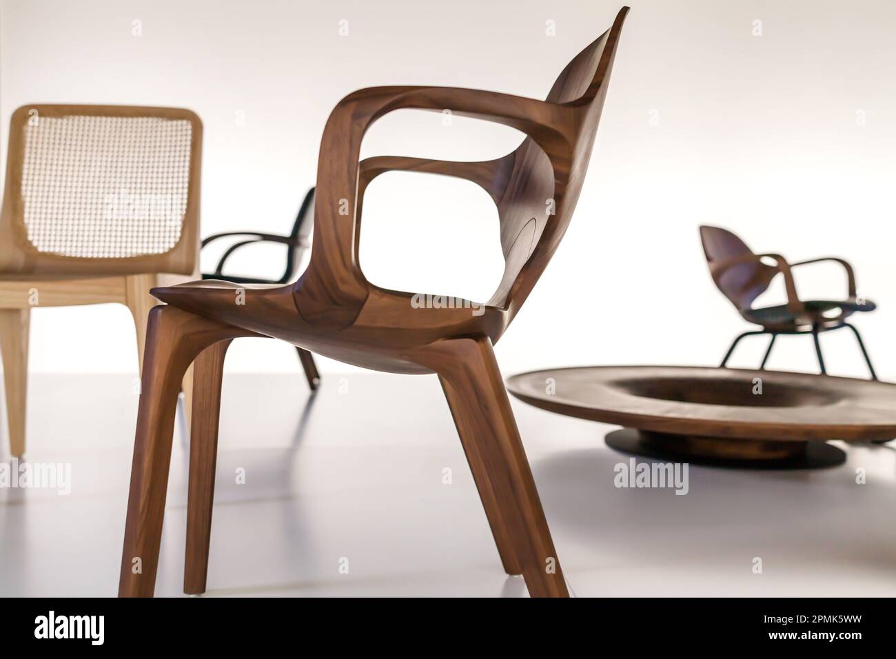 Modern design wooden chairs, on display in a showroom with a white ...