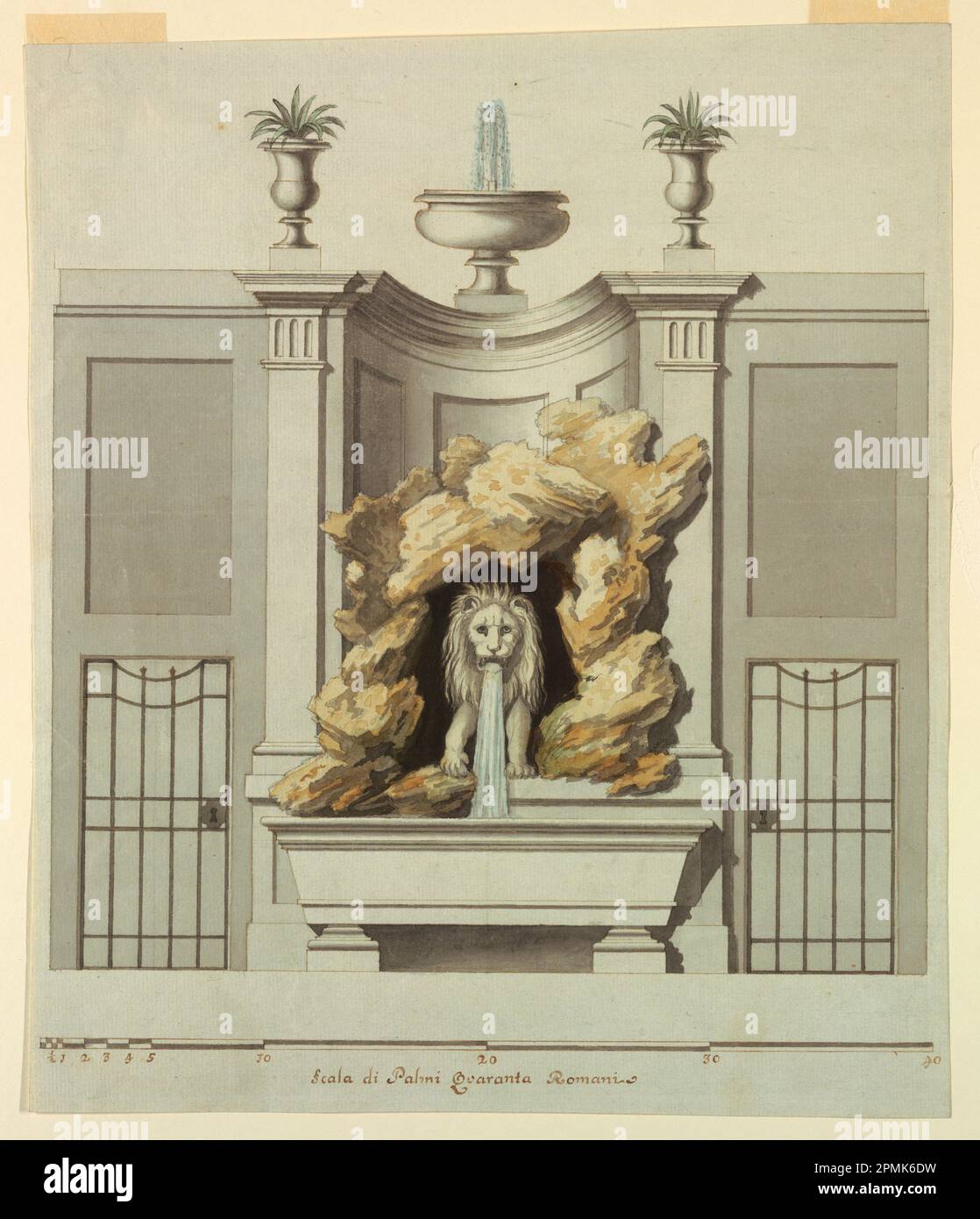 Drawing, Design for a Wall Fountain; Italy; pen and brown ink, brush ...