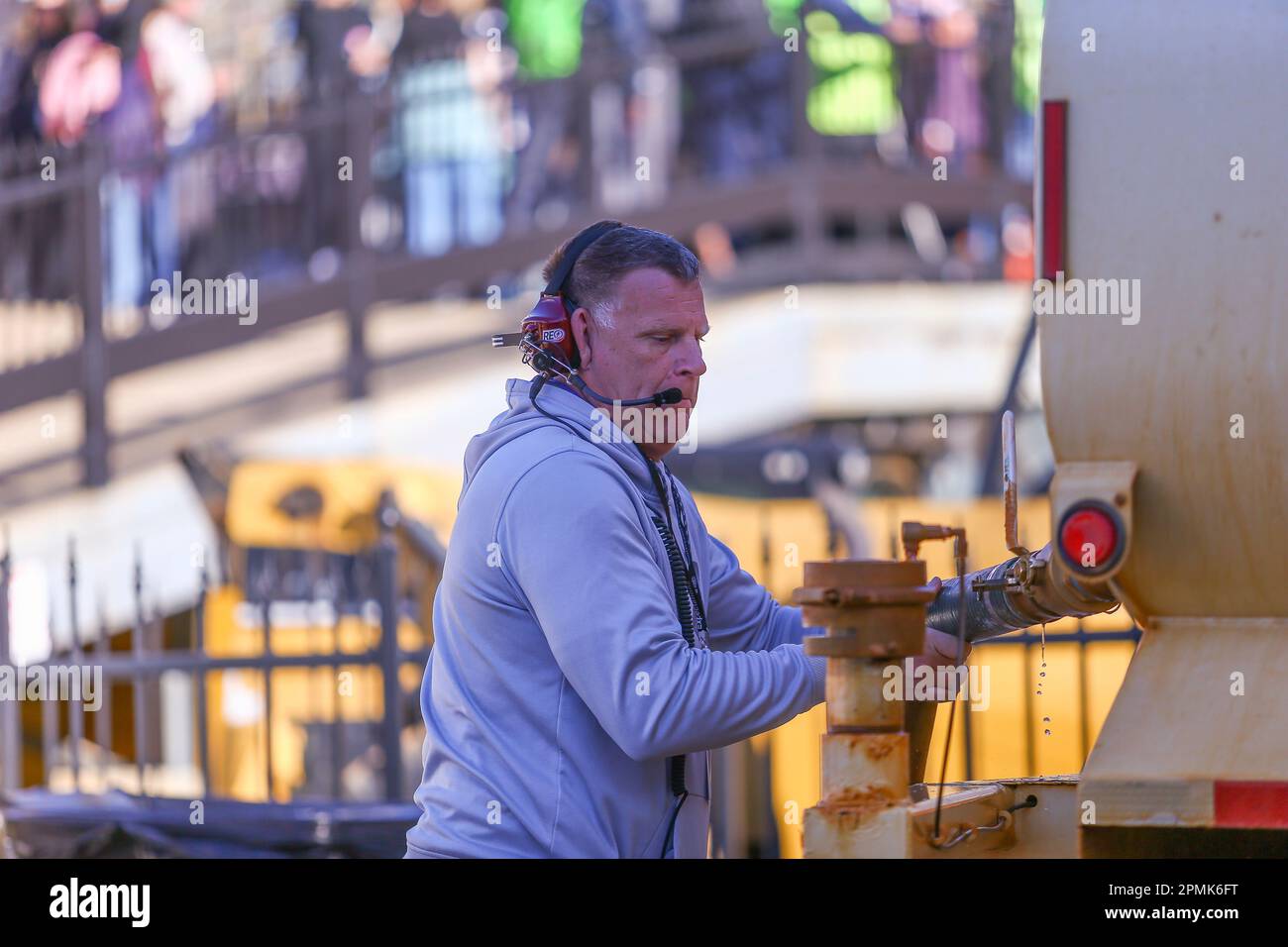 BRISTOL, TN - APRIL 09: Dirt track prep guru Mike Van Genderen fills ...