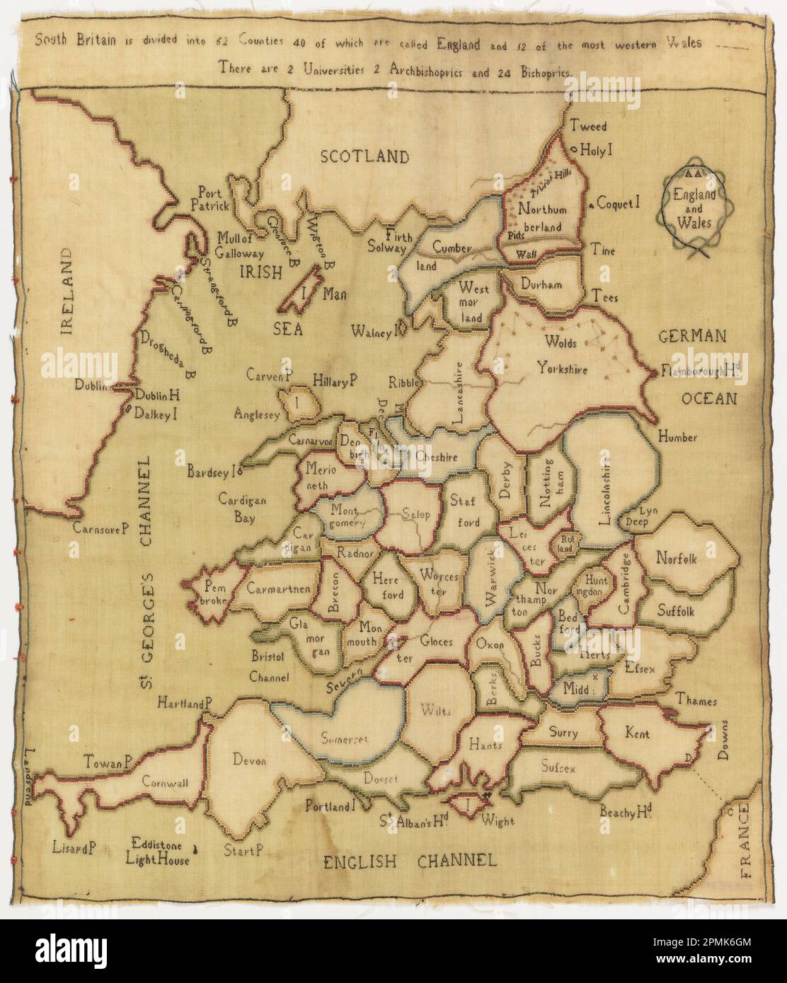Map Sampler (England); silk and paint on wool Stock Photo - Alamy