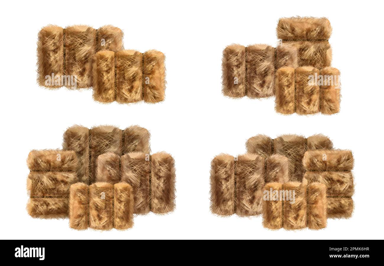 A set of compositions made of golden haystacks. Dry grass, straw, bales ...