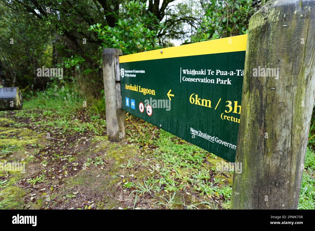 Entrance sign to the Arohaki Lagoon trail, a popular hike in Whirinaki ...