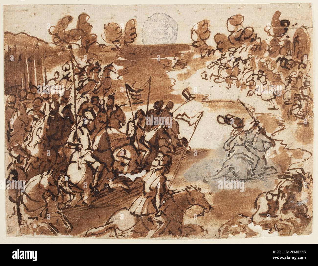 Drawing, Giovanni de' Medici leading his troops across the river Adda ...