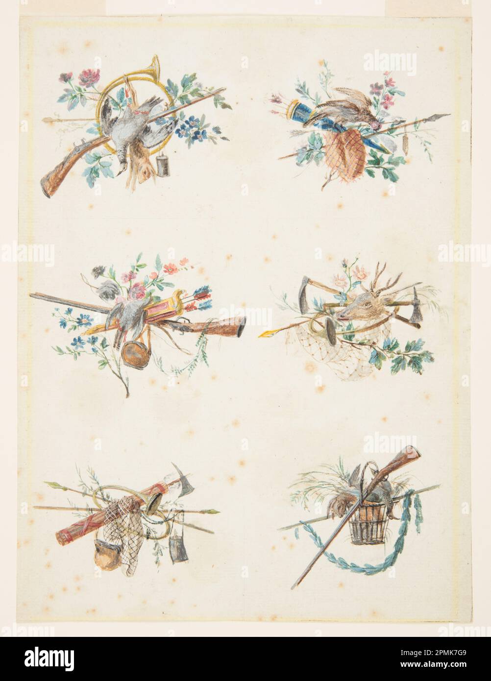 Drawing, Designs for Six Trophies Composed of Hunting Attributes ...