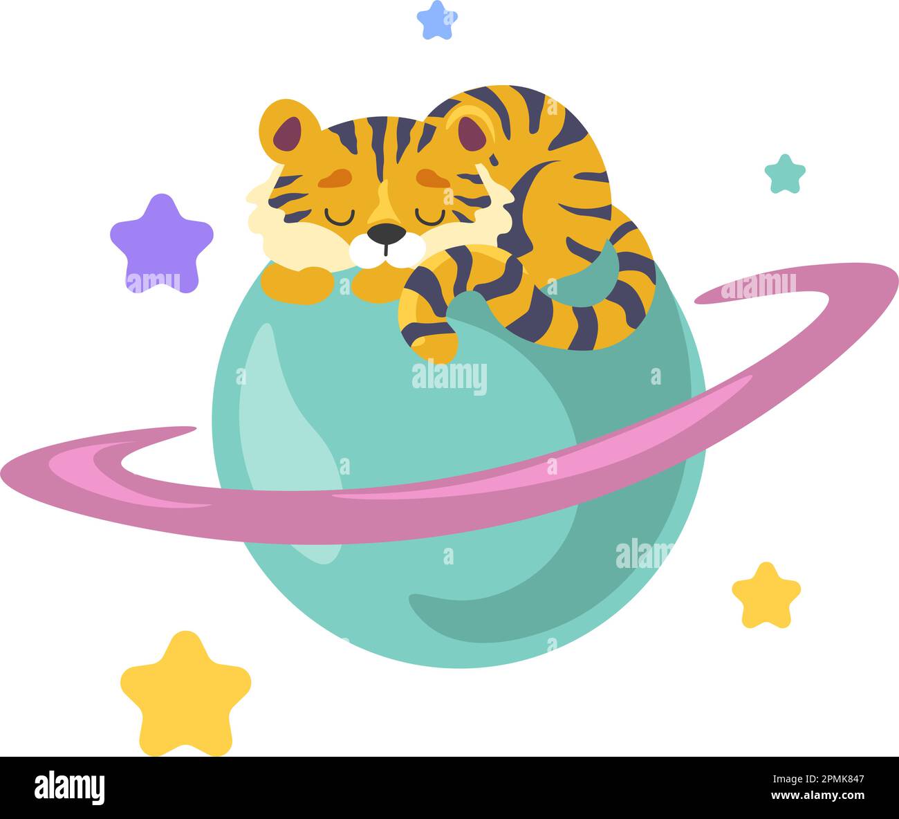 Sleeping tiger little cartoon character resting on planet. Isolated ...