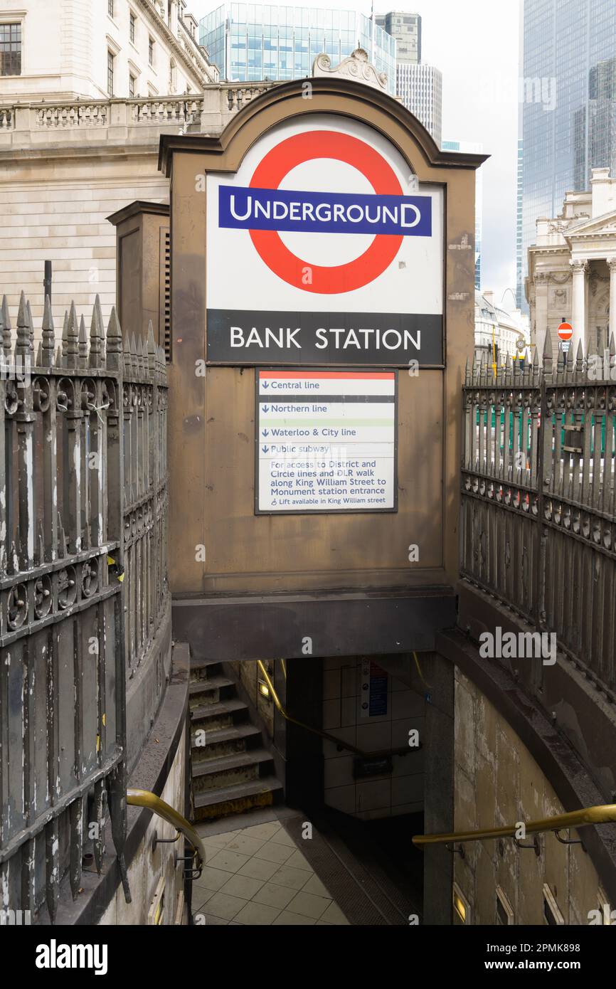London, UK - March 18, 2023; London underground roundel at Bank Station ...