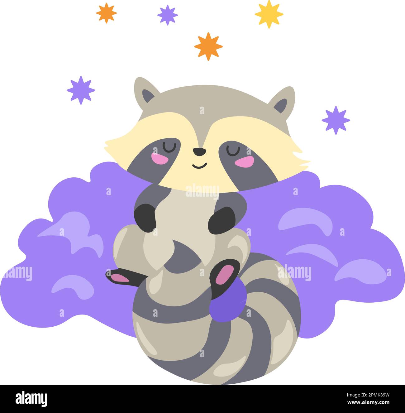 Raccoon animal sleeping on fluffy soft cloud. Isolated sleepy cartoon ...
