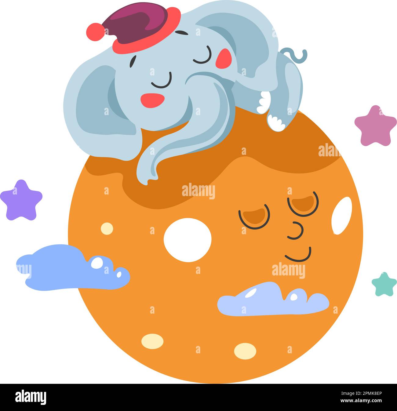 Sleeping elephant lying on the full moon surrounded with stars and ...