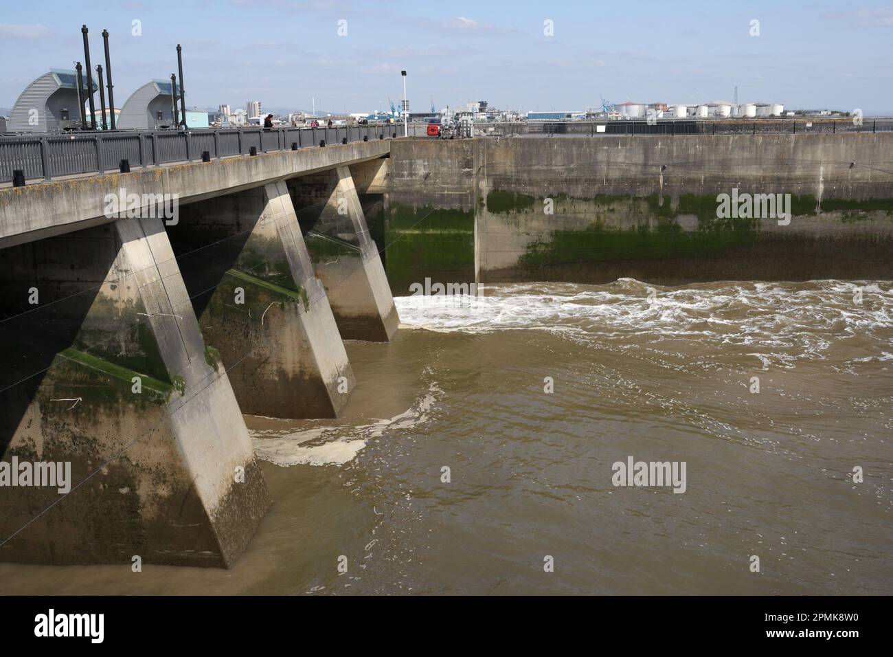 Cardiff bay barrage outlet, river Taff enters the Severn estuary. Wales ...