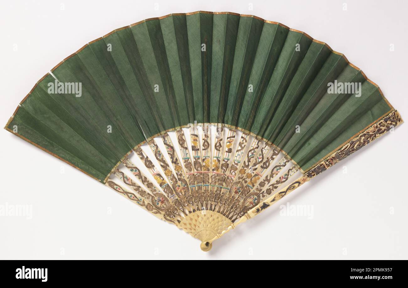Pleated Fan And Case; silk leaf, pierced, carved and painted ivory ...