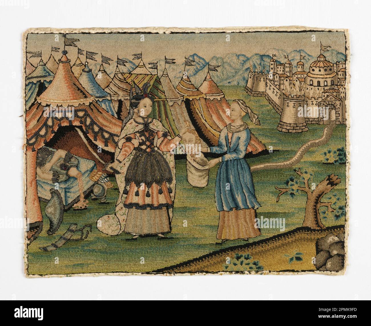 Embroidered Picture (England); silk, metallic threads, sequins, linen ...