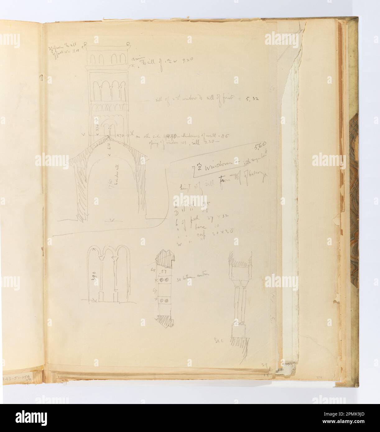 Elevation of tower and sketches of 7th window hi-res stock photography ...