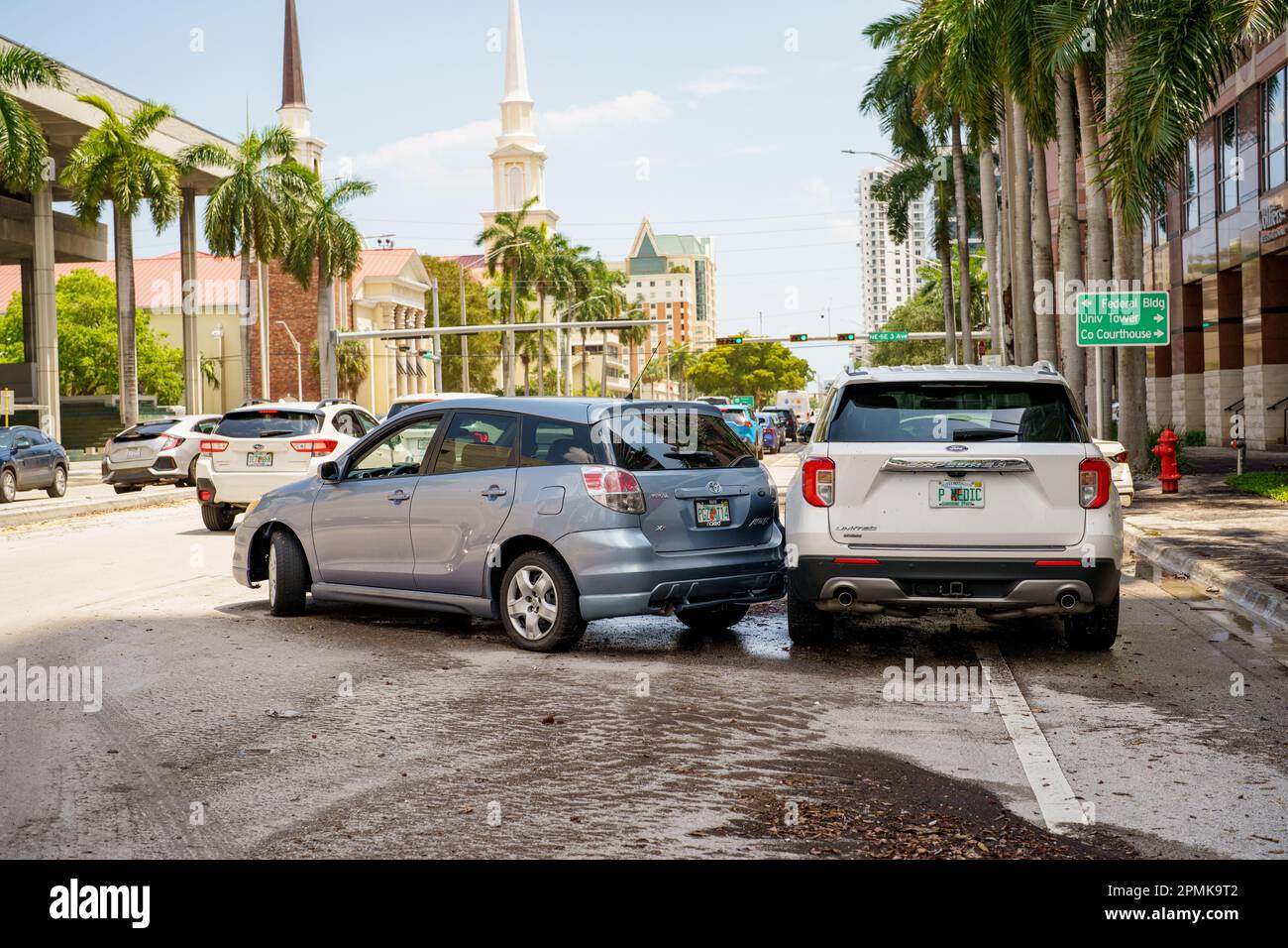 Fort Lauderdale, FL, USA - April 13, 2023: Cars stuck after flood rain ...