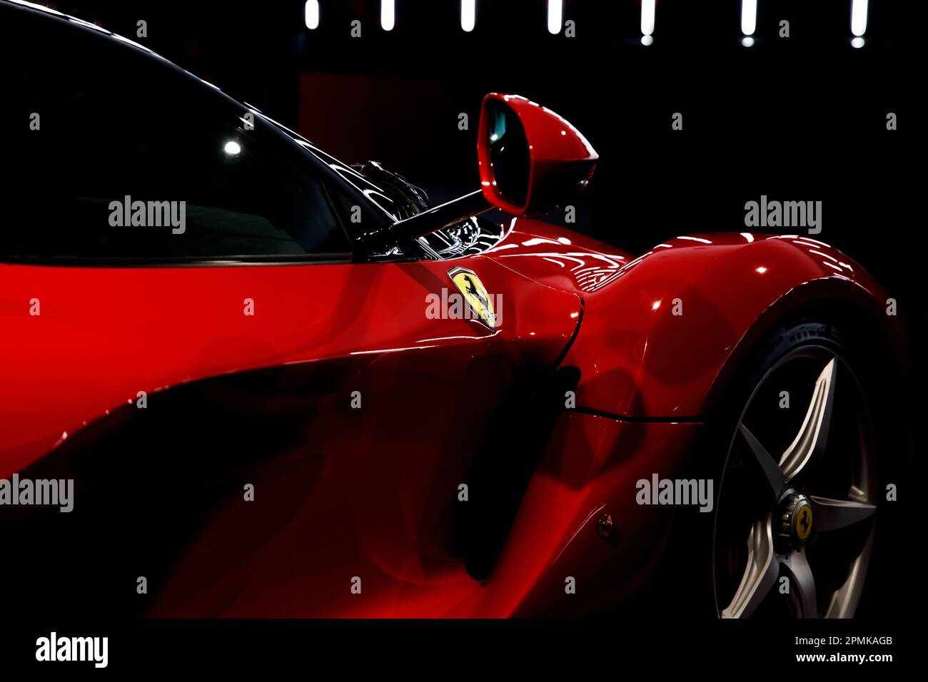 Maranello, Italy - April 01, 2023: Side view of a red Ferrari sports ...