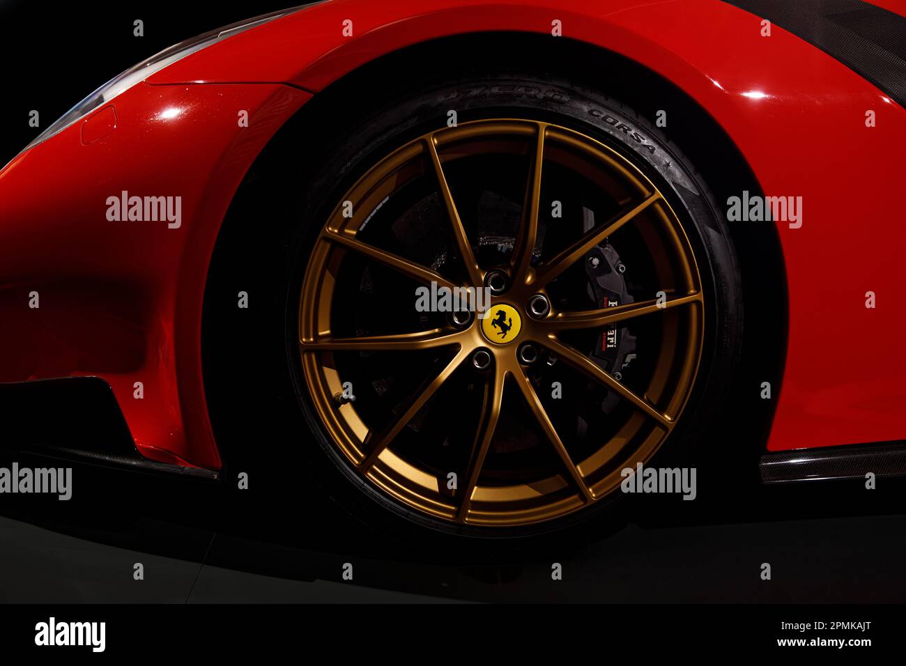 Maranello, Italy - April 01, 2023: Close-up of Ferrari luxury car with ...