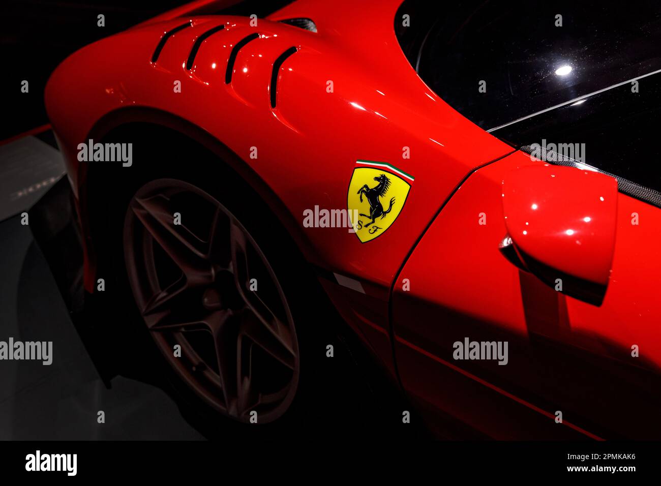 Maranello, Italy - April 01, 2023: Ferrari logo on the red luxury car ...