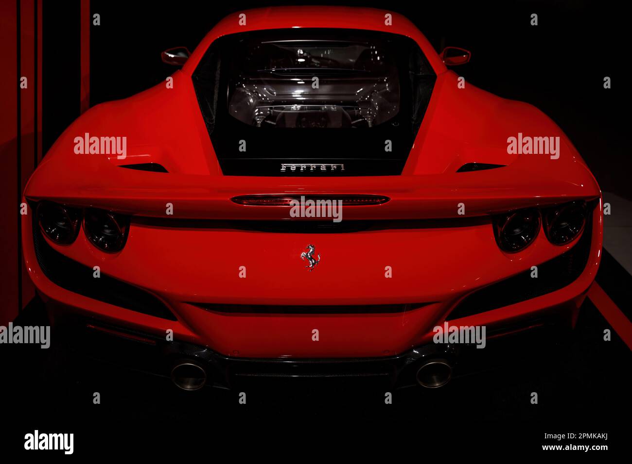 Maranello, Italy - April 01, 2023: Rear view of a red Ferrari with an ...