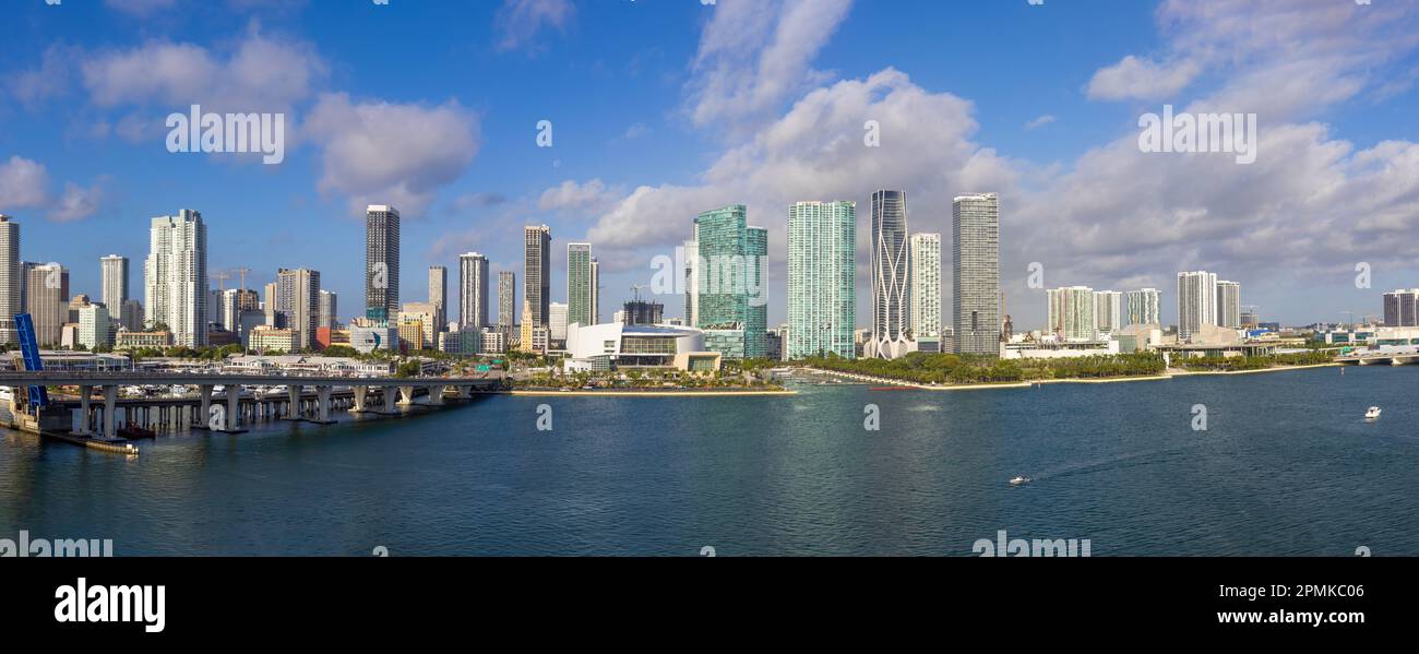 USA, Miami harbor panoramic skyline from cruise ship departing to ...
