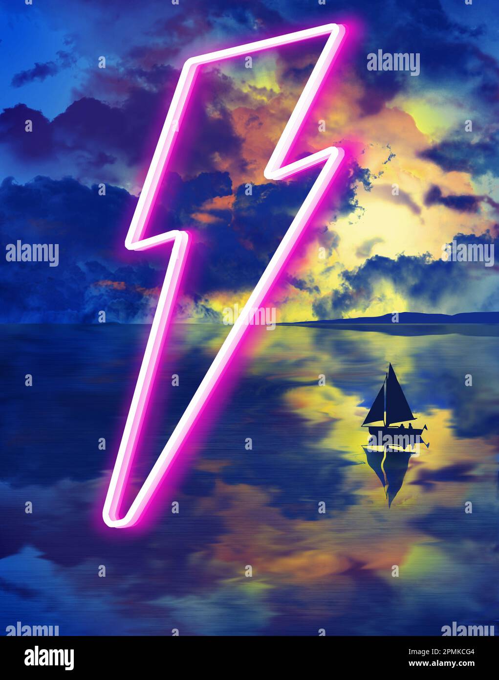 A neon bolt of lightning in front of a stormy sky and a sail boat ...