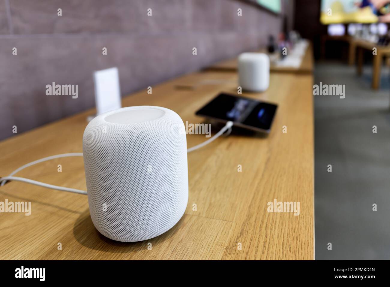 Paris, France - Mar 20, 2023: Rows of new HomePod 2nd generation with breakthrough sound and ...