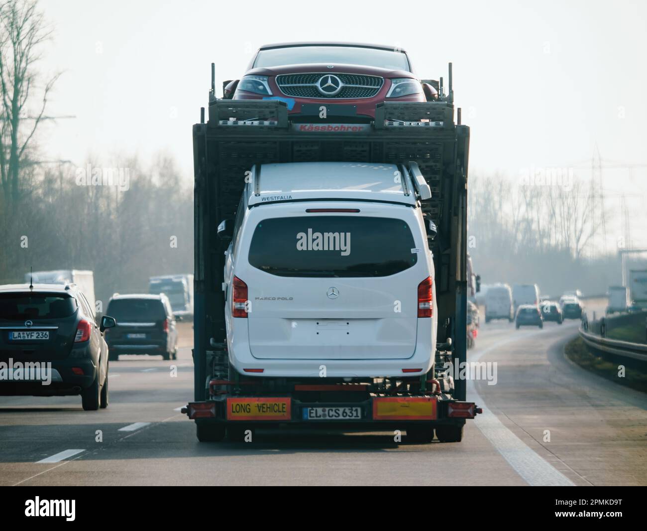 Germany - Feb 10, 2023: Fast truck white long truck trailer ...