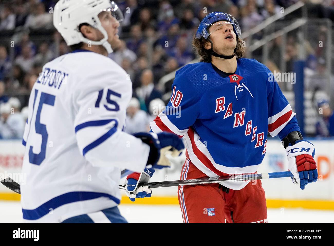 New York Rangers left wing Artemi Panarin (10) reacts after missing a ...