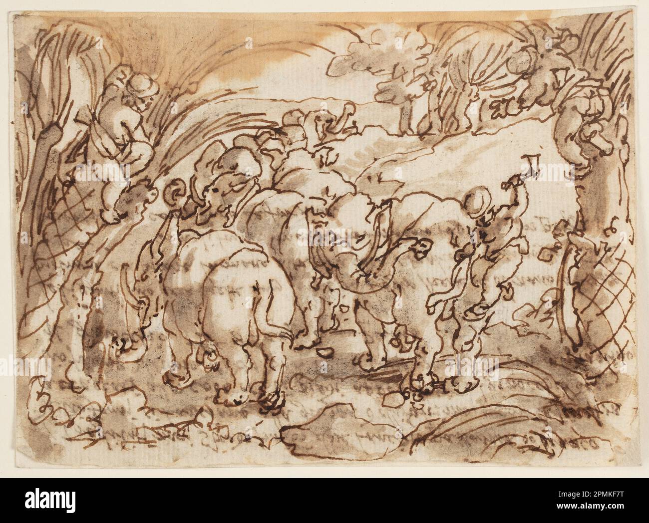 Drawing, Cavemen Chasing Elephants; Jan van der Straet, called ...