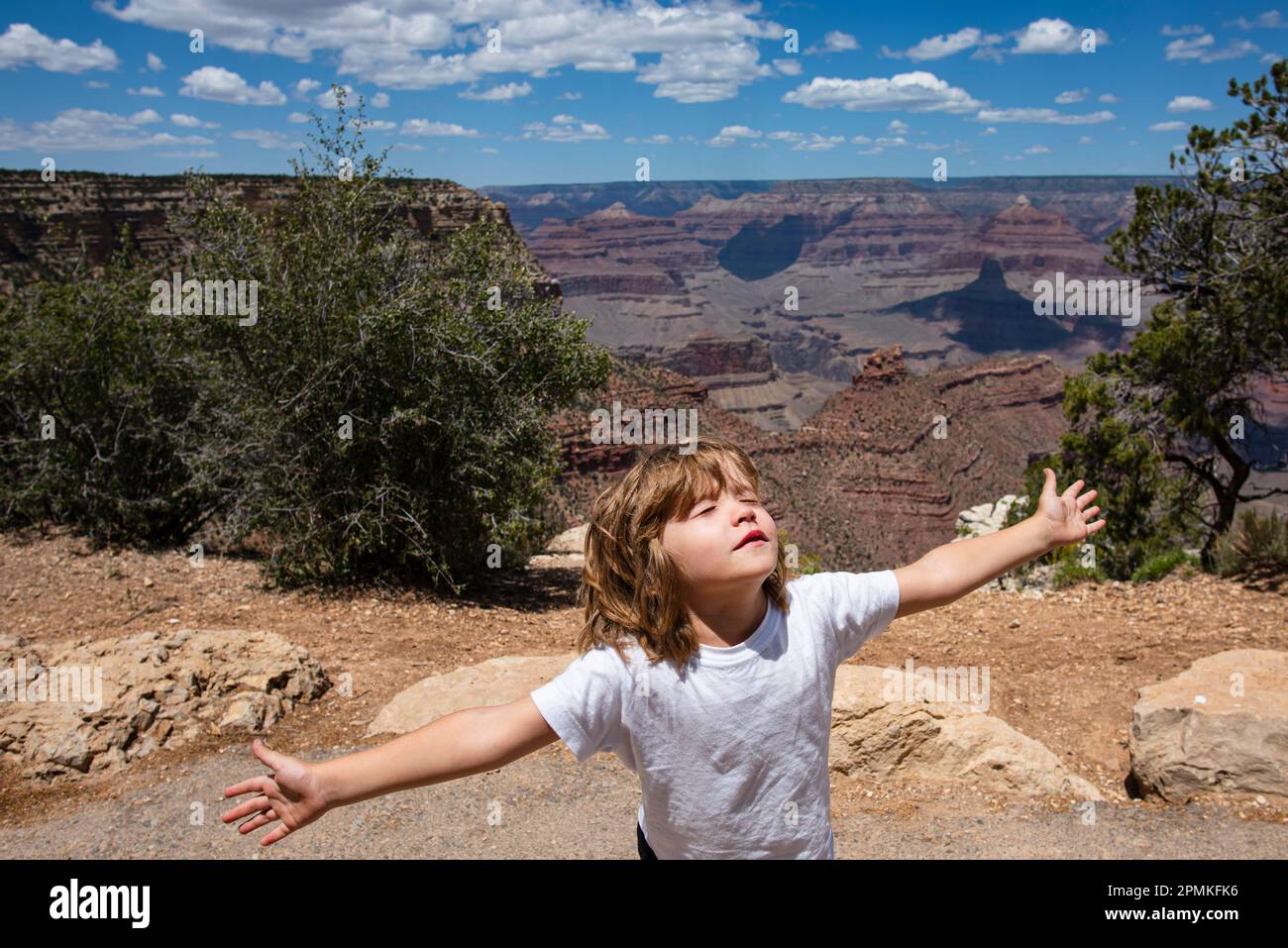 Outdoor close up portrait of a cute little child raised hands rest ...