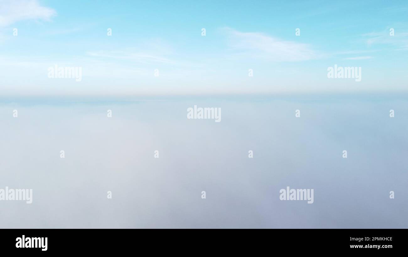 Sky clouds fog. Aerial drone view of blue sky and white clouds. Fog ...