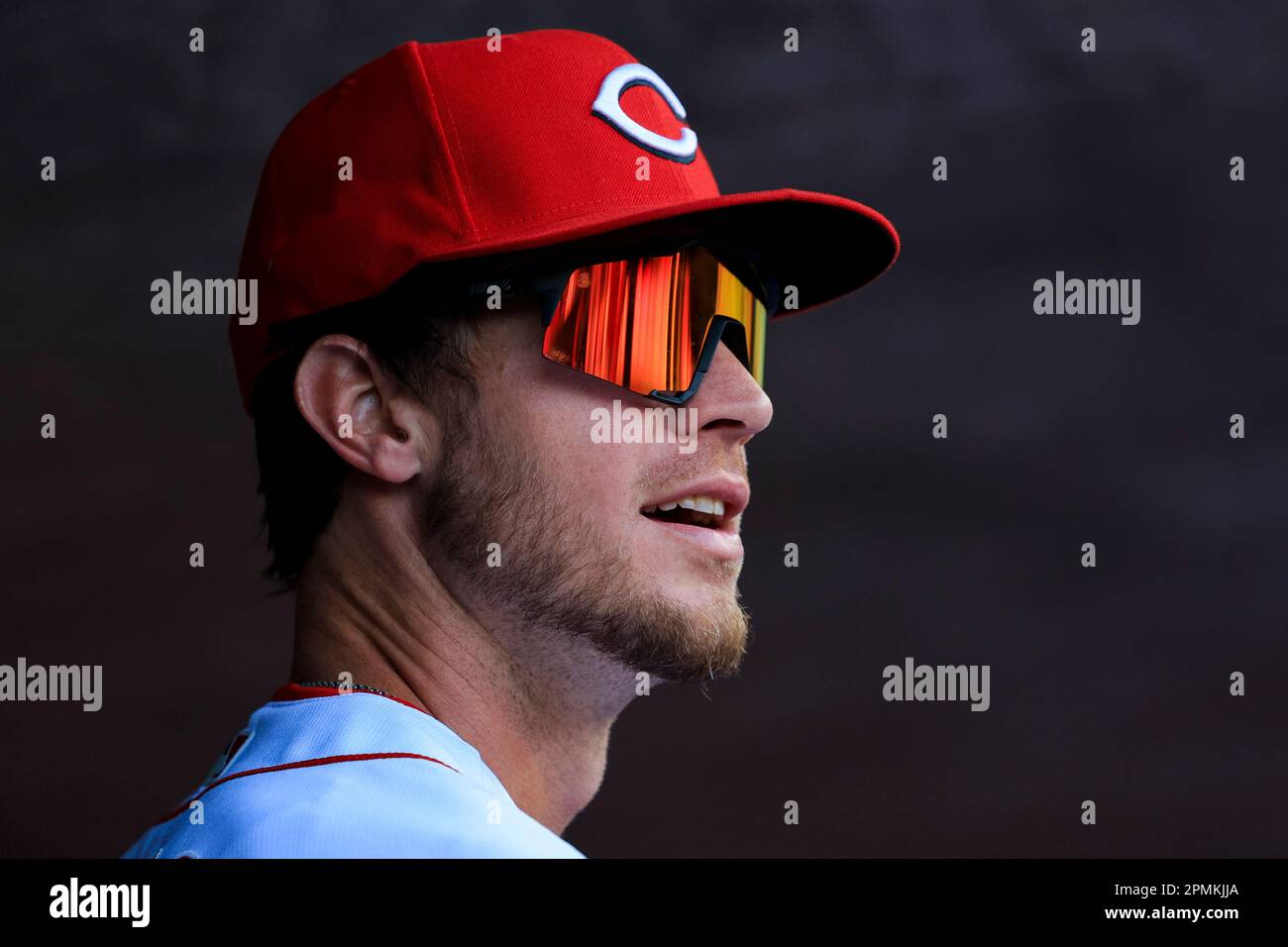 Cincinnati Reds' Wil Myers stands in the dugout prior to a baseball ...