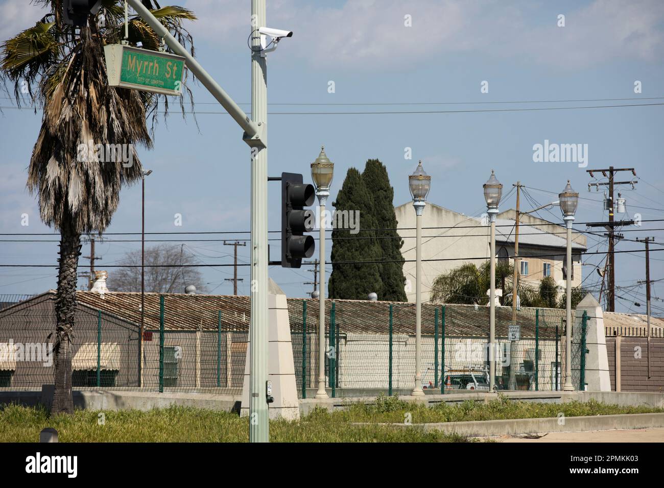 Historic street lights line downtown Compton, California, USA Stock ...