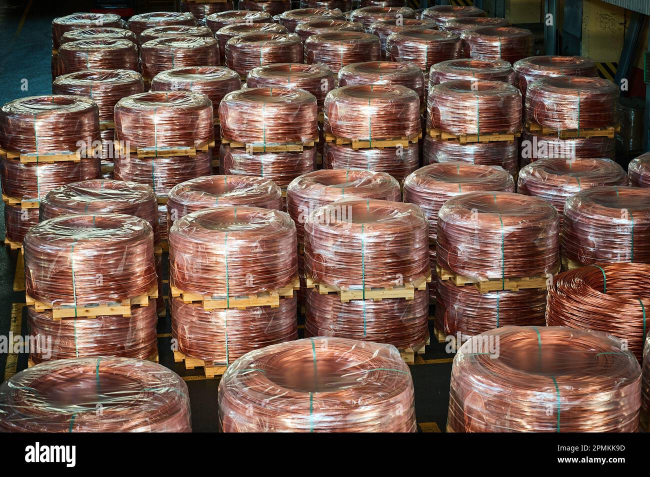 Rows of copper wire rod coils in production plant warehouse Stock Photo ...