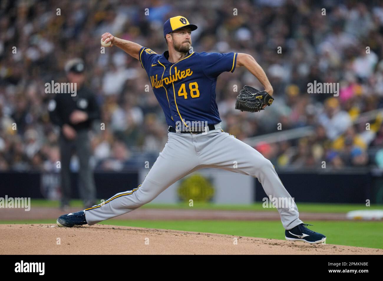 Milwaukee Brewers starting pitcher Colin Rea works against a San Diego ...