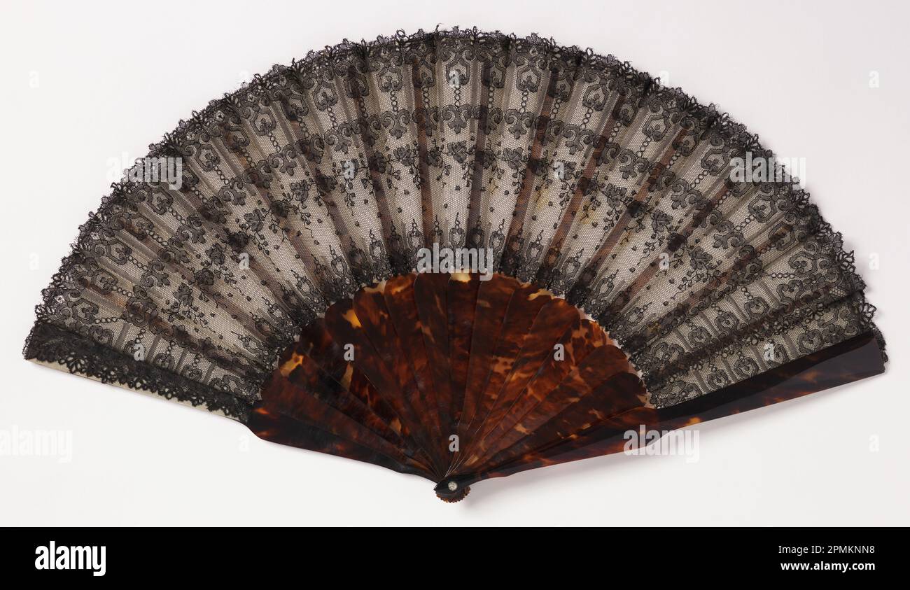 Pleated Fan (France); silk lace mounted on silk gauze leaf; tortoise ...