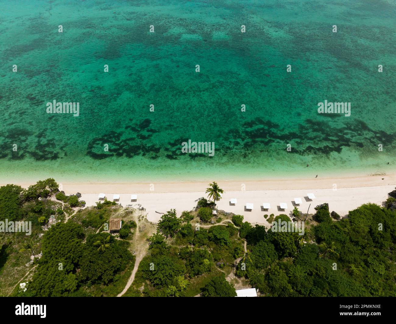 Top view of tropical sandy beach and blue sea. Bantayan island ...