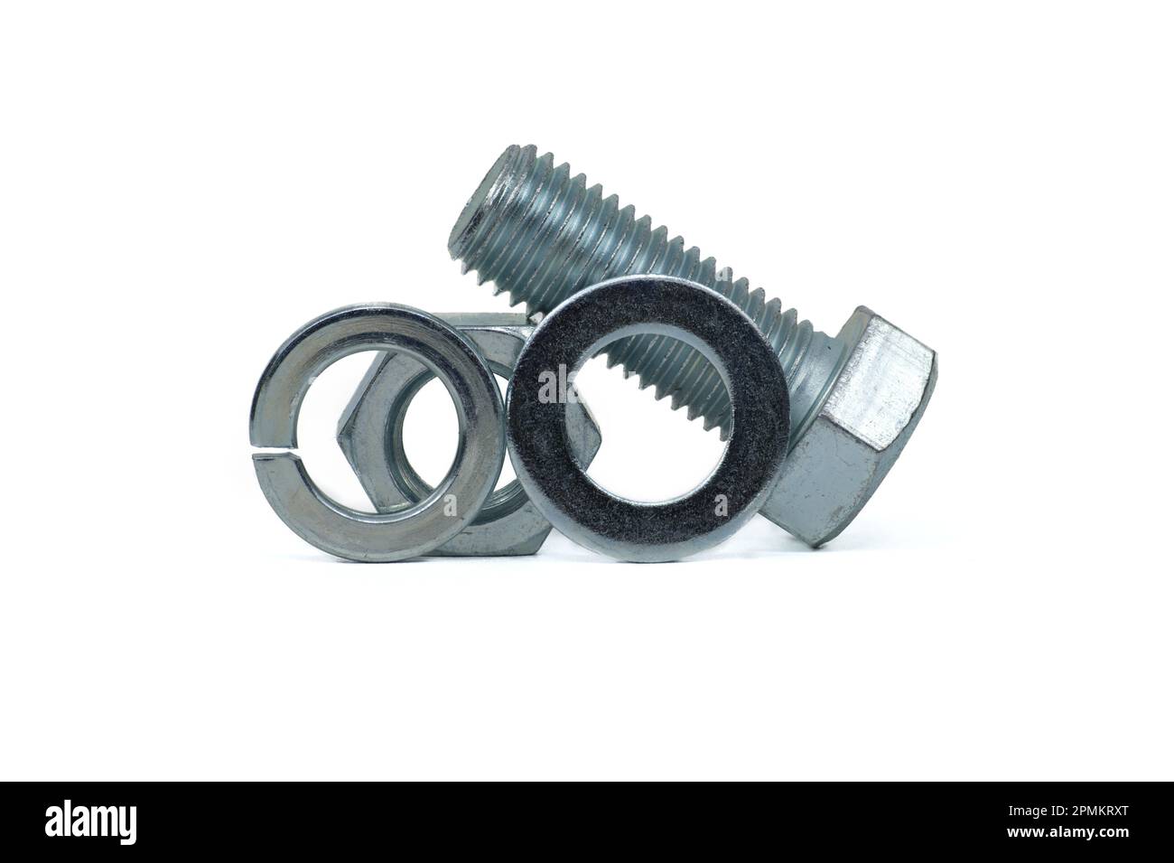 Male screw and hexagon nut, flat nut washer and spring washer coated ...