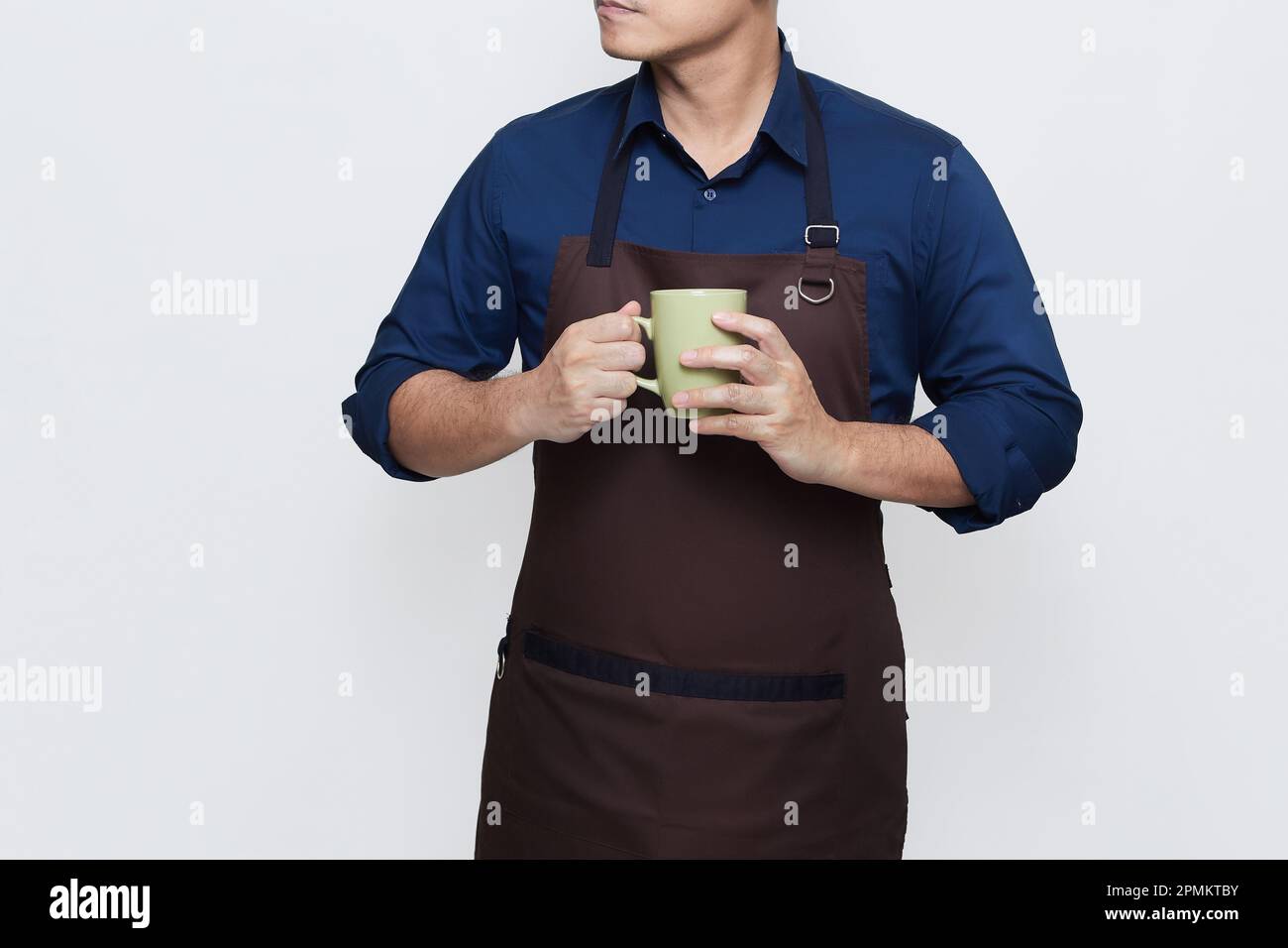 Asian Man wearing Apron in casual stylish clothing, standing upright ...