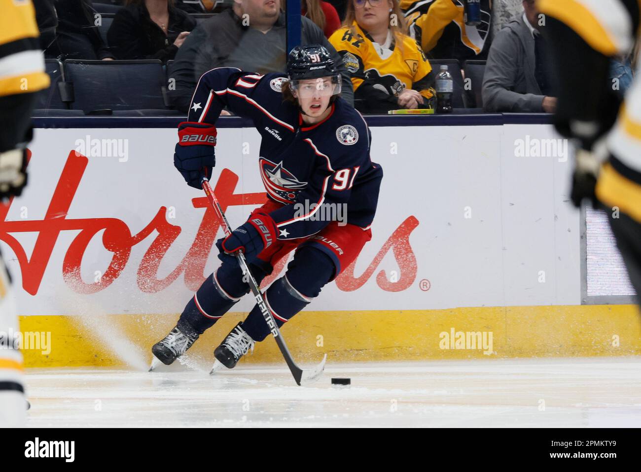 Columbus Blue Jackets' Kent Johnson plays against the Pittsburgh ...