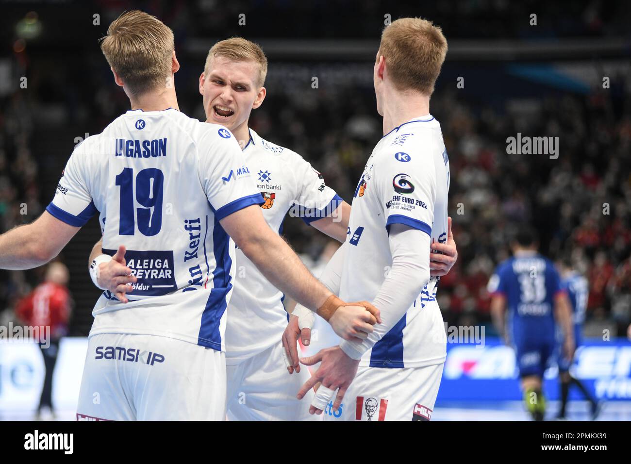 Daniel Ingason, Ellidi Vidarsson, Ymir Gislason (Iceland) celebrate the ...