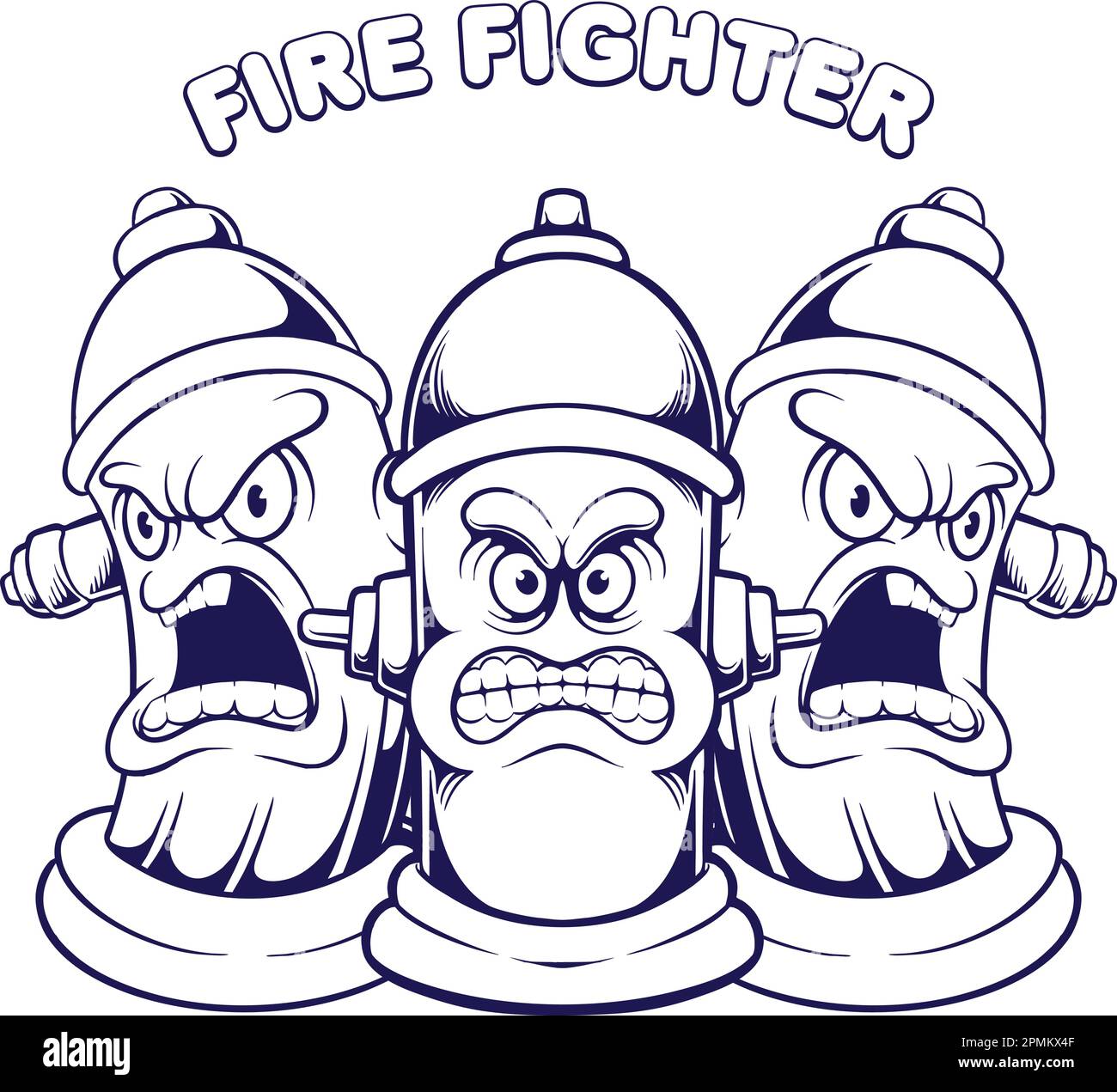 Angry firefighter fire hydrant mascot illustrations monochrome vector ...