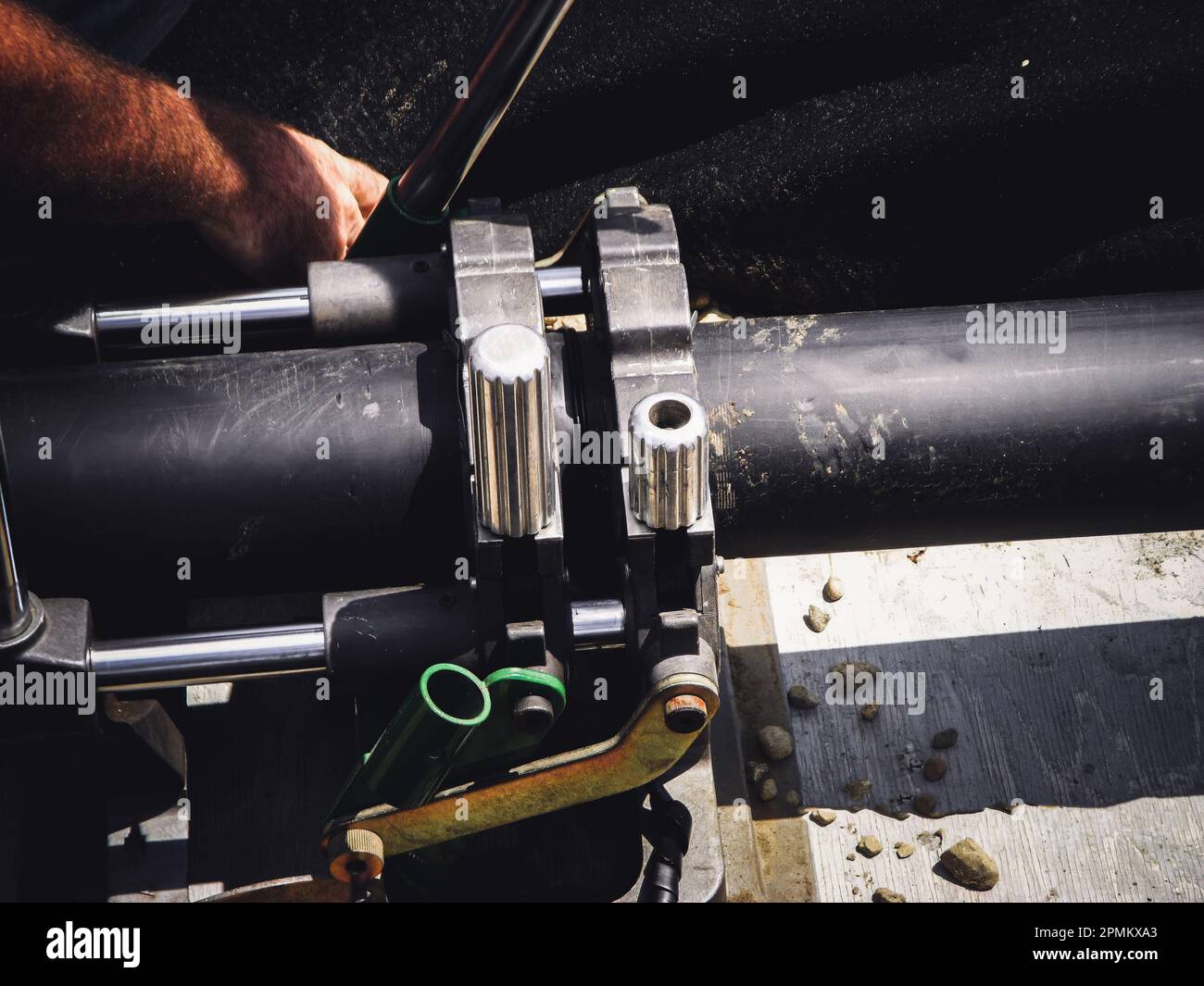 Jointing and pressure testing dual walled HDPE plastic pipe Stock Photo ...