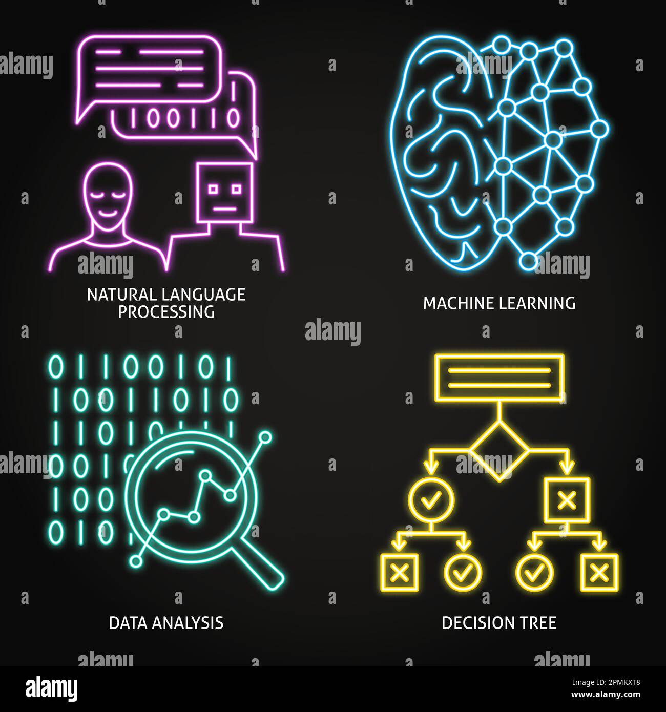 Data analysis and machine learning neon icon set. Vector illustration ...