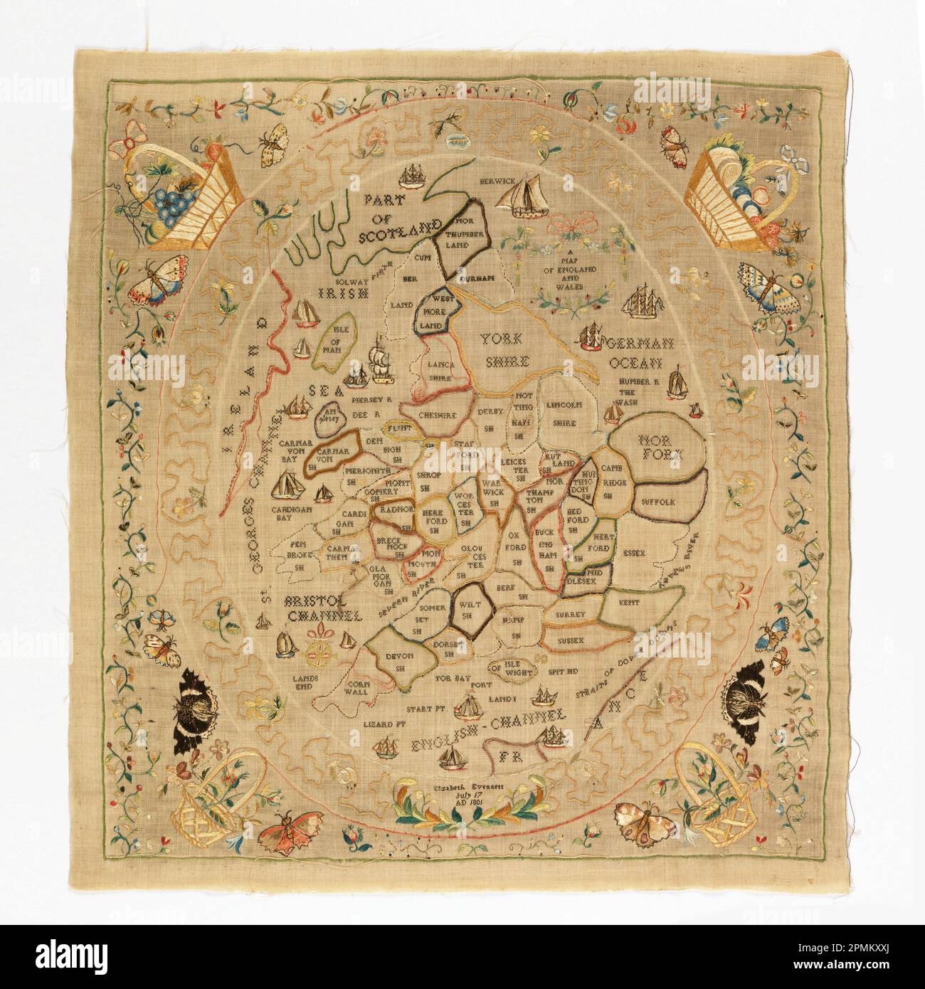 Map Sampler (England); Embroidered by Elizabeth Evenett; silk ...