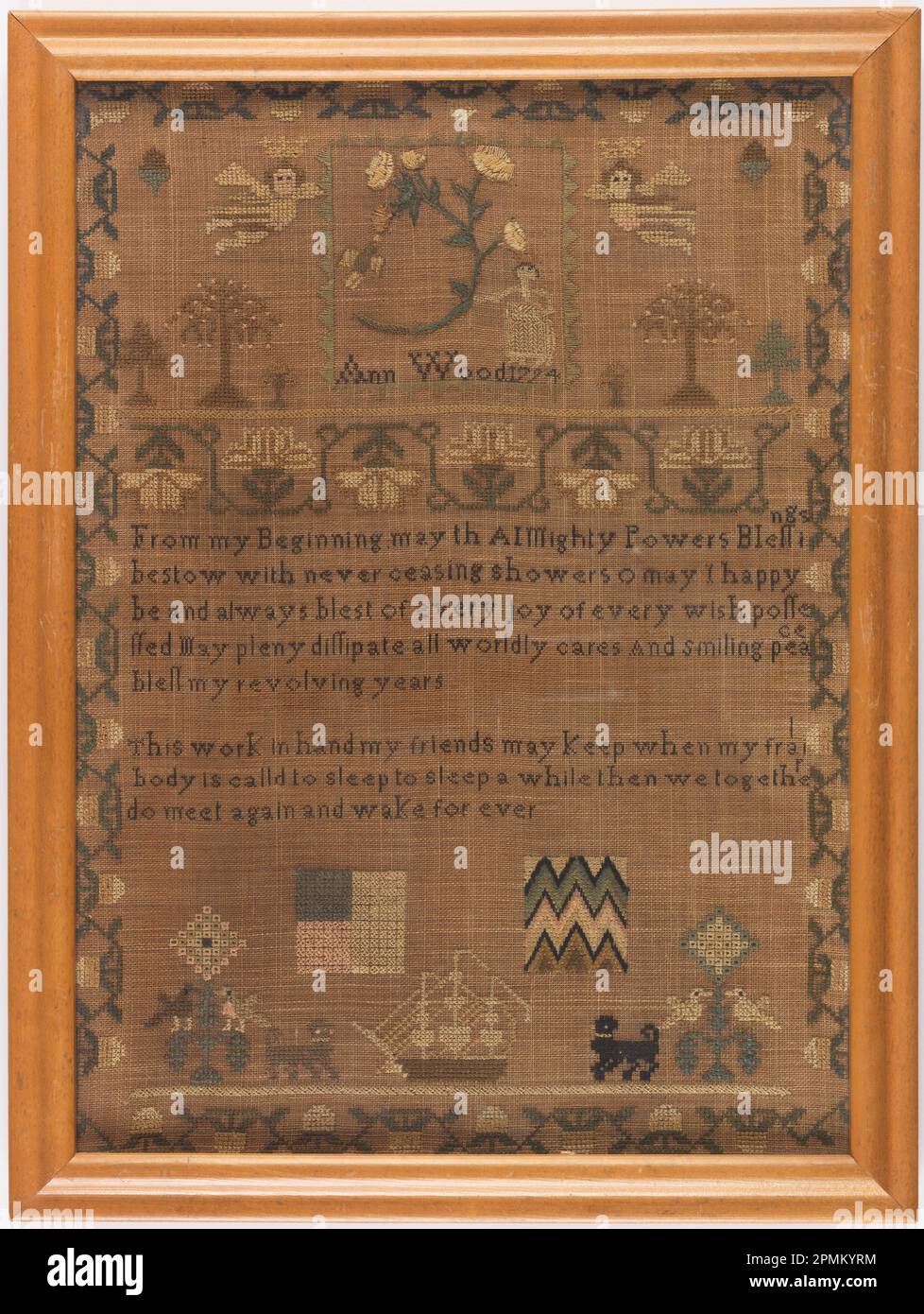 Sampler (USA); Made by Ann Wood (American); silk embroidery on linen ...