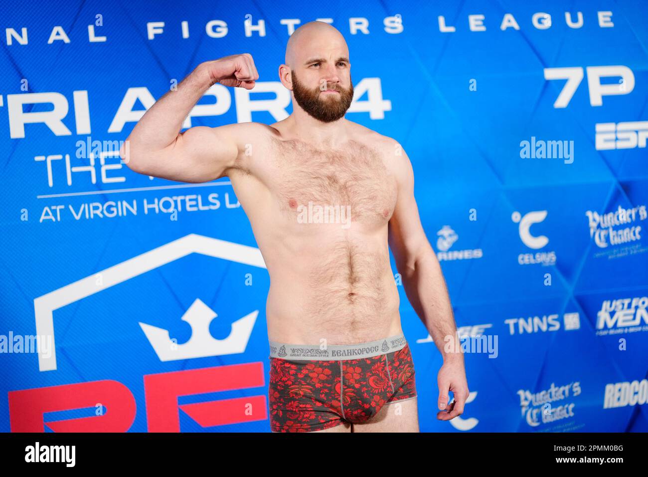 LAS VEGAS, NEVADA - APRIL 13: Denis Goltsov steps on the scale for the ...