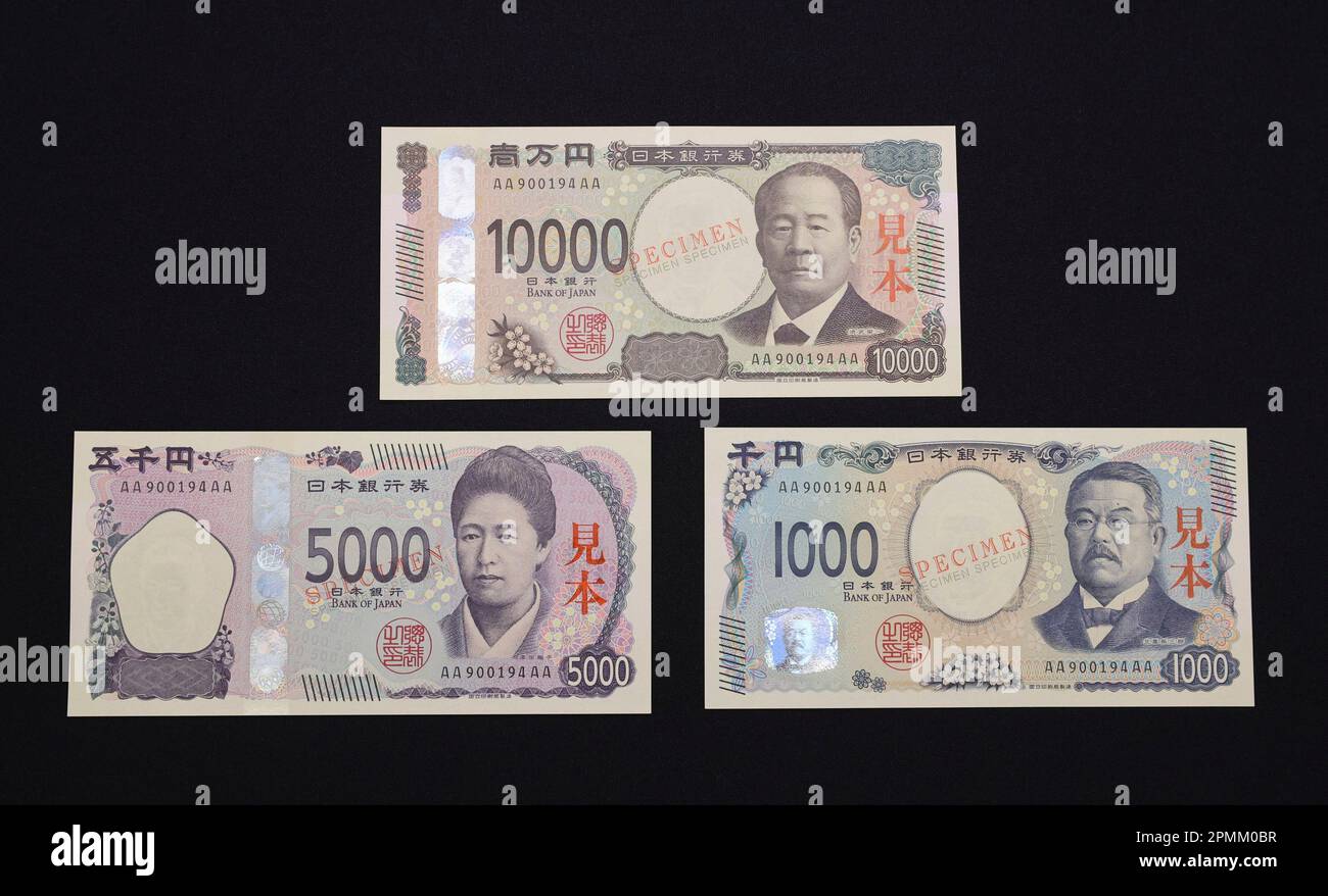 Samples of new Japanese notes that are scheduled to be issued in 2024 ...